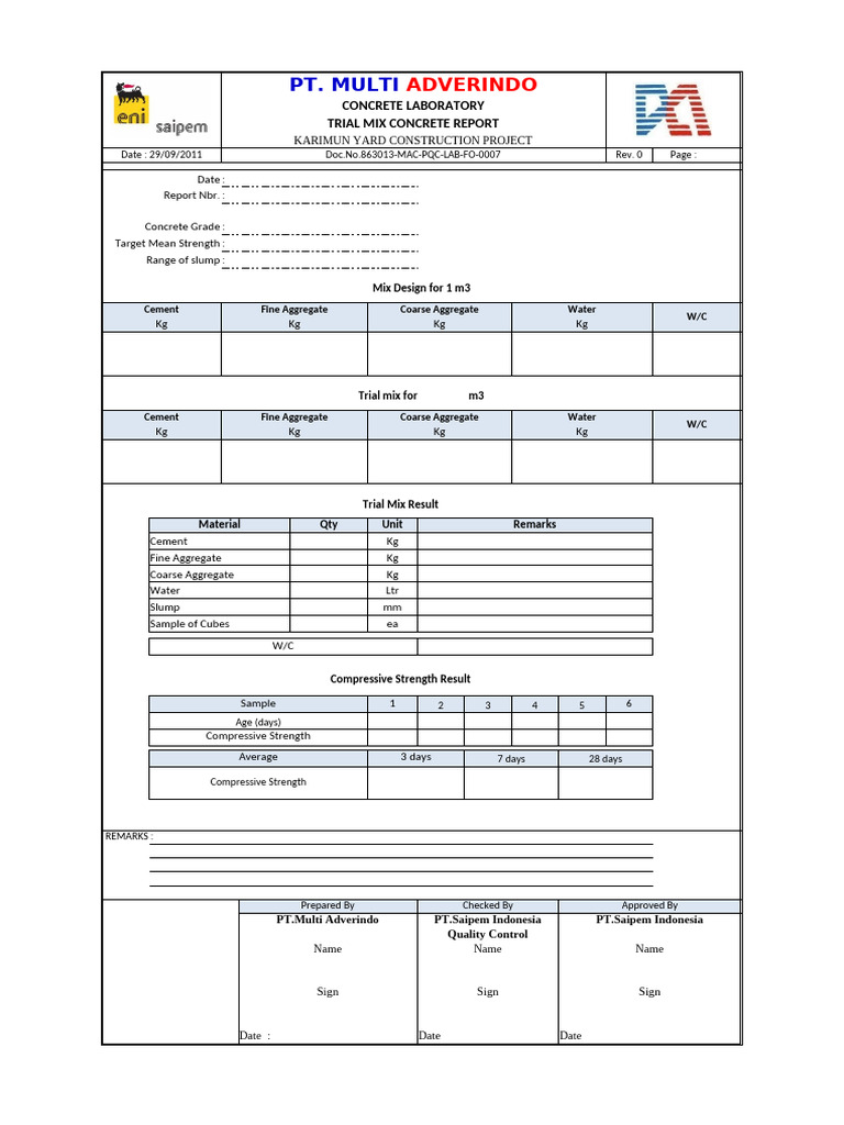 863013-MAC-PQC-LAB-FO-0007 Rev.0 Form Trial Mix Concrete Report | PDF