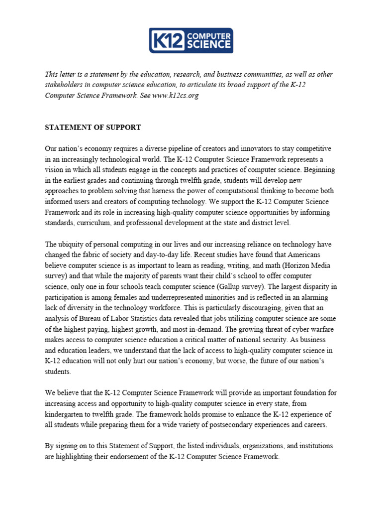Statement-of-Support-for-K-12-CS-Framework | PDF