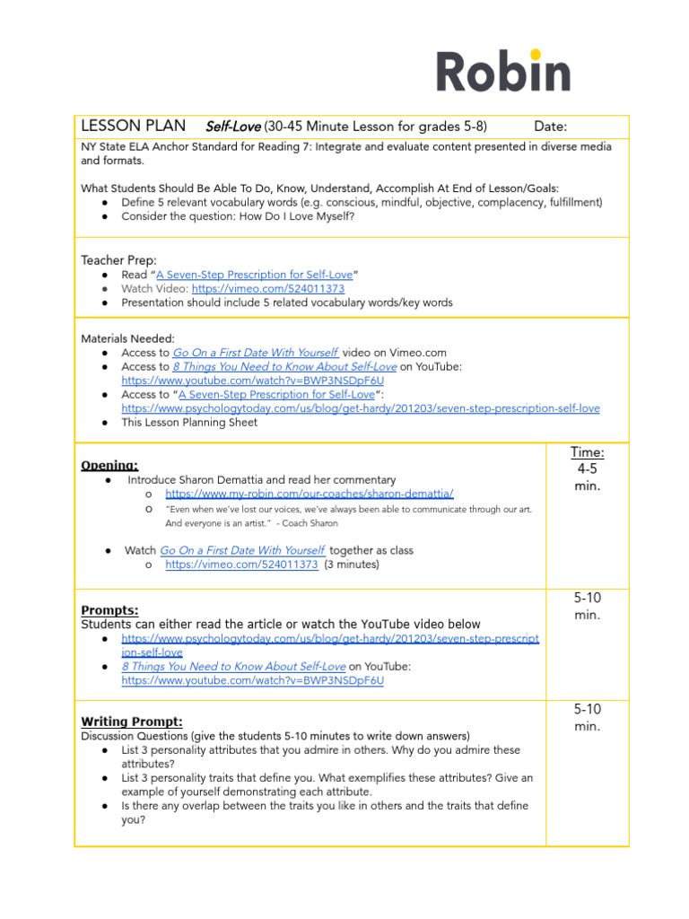 Lesson Plan Self Love | PDF | Behavior Modification | Cognition