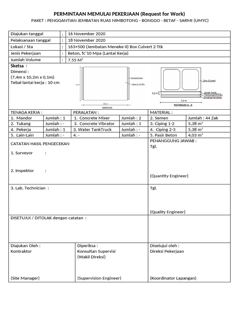 Reques Kerja - Beton FC' 10 MPa (Lantai Kerja) - Jembatan Meneke II (Box 2 Titik) - Lebih 10 CM ...