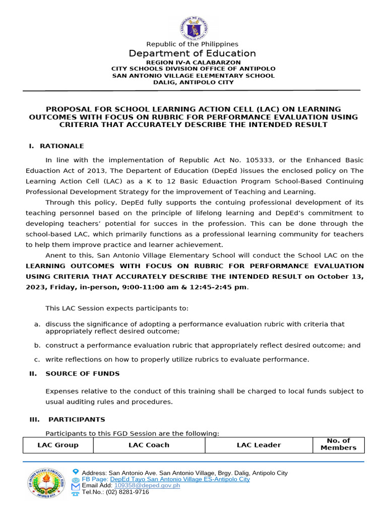 Proposal For School Learning Action Cell (Lac) On Learning Outcomes | PDF