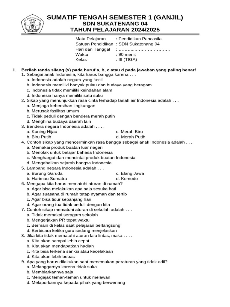 STS 1 Kelas III - Pendidikan Pancasila | PDF