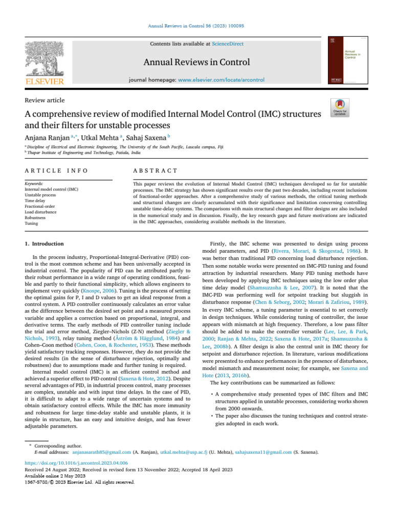 1 A comprehensive review of modified Internal Model Control (IMC) structures and their filters ...