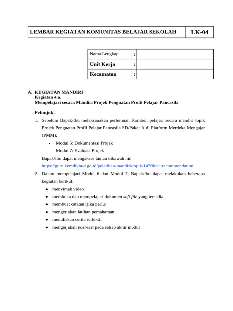 LK-04 Dokumentasi Dan Evaluasi P5 - SD (1) | PDF