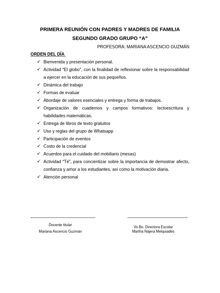 Primera Reunión Con Padres y Madres de Familia | PDF