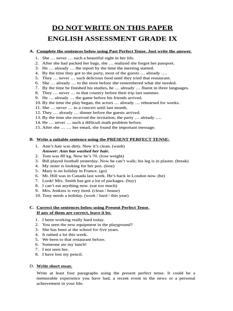 Do Not Write On This Paper English Assessment Grade Ix: Answer: Ann Has ...