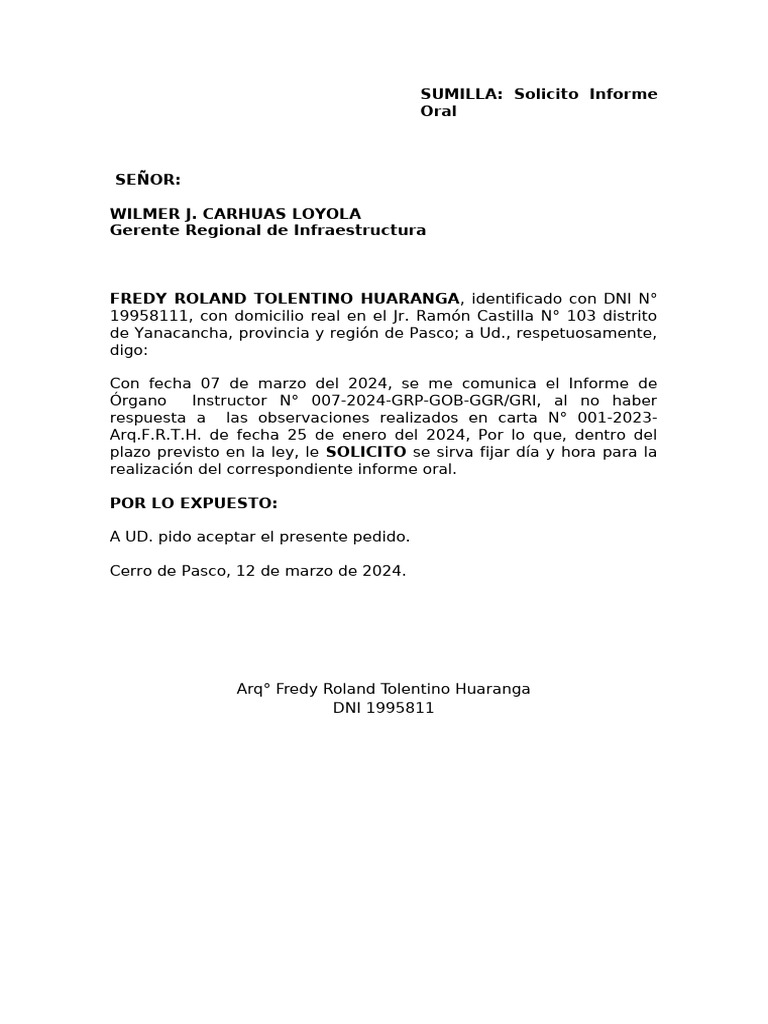 Carta Solicitando Informe Oral | PDF