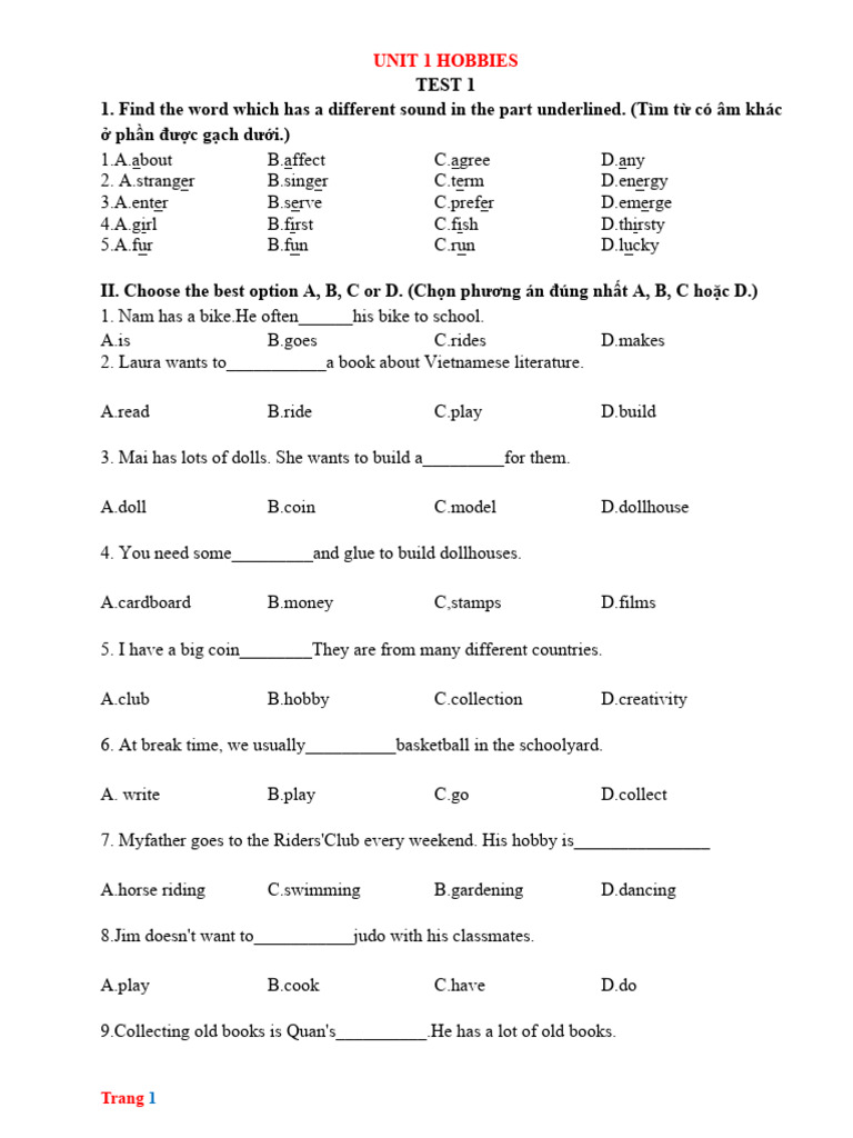 De KT Tieng Anh 7 Global Unit 1 | PDF