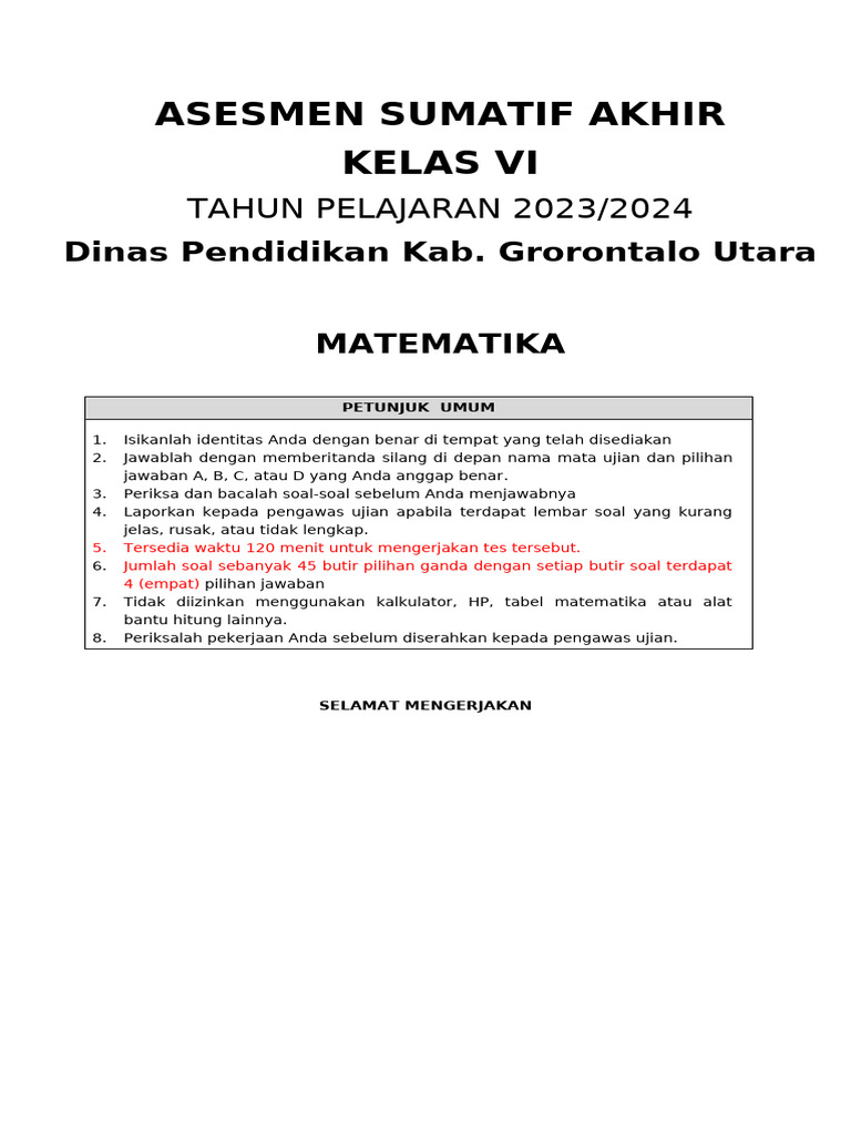 Hasil Revisi Asesmen Sumatif Akhir Soal Matematika Kls 6 | PDF