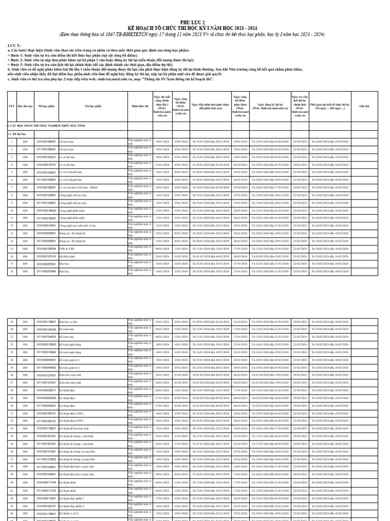 Phu-Luc-2-Lich-Thi-Hk1-Nam-23-24-Khoa-151617-20240205020405-E 2 | PDF