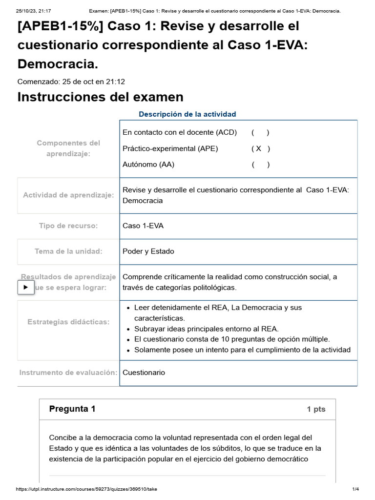 Caso 1 - Revise y Desarrolle El Cuestionario Correspondiente Al Caso 1-EVA - Democracia | PDF ...