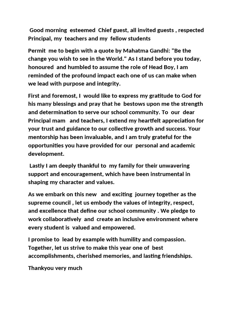 Head Boy Speech for Investiture Ceremony | PDF | Career & Growth