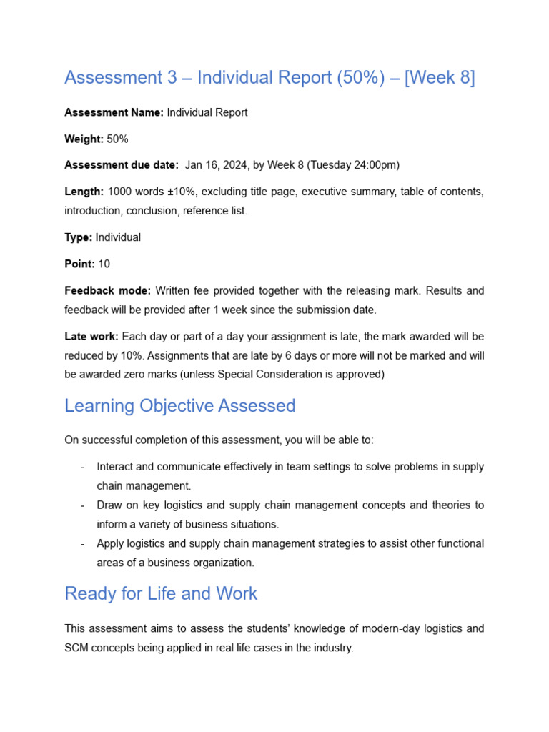 Assessment 3 - Individual Report (50%) | PDF