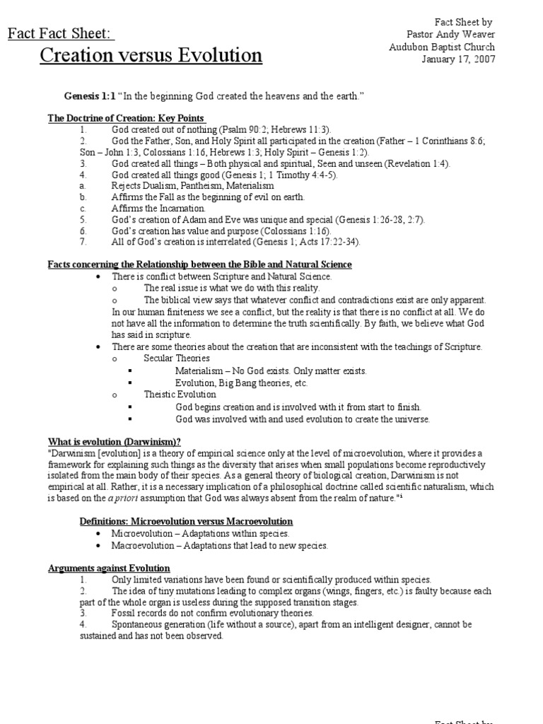 Creation Versus Evolution Fact Sheet 011207 | PDF | Creationism | Genesis Creation Narrative