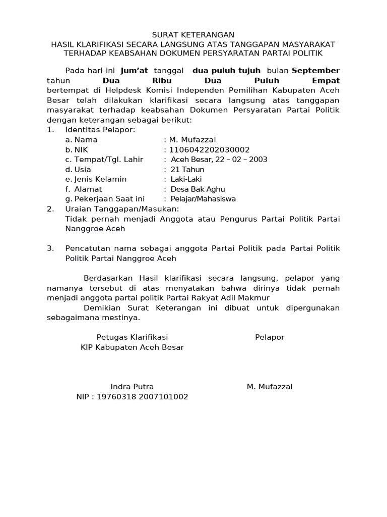 Surat Keterangan Klarifikasi Keanggotaan Parpol | PDF Surat Keterangan Klarifikasi Keanggotaan Parpol | PDF