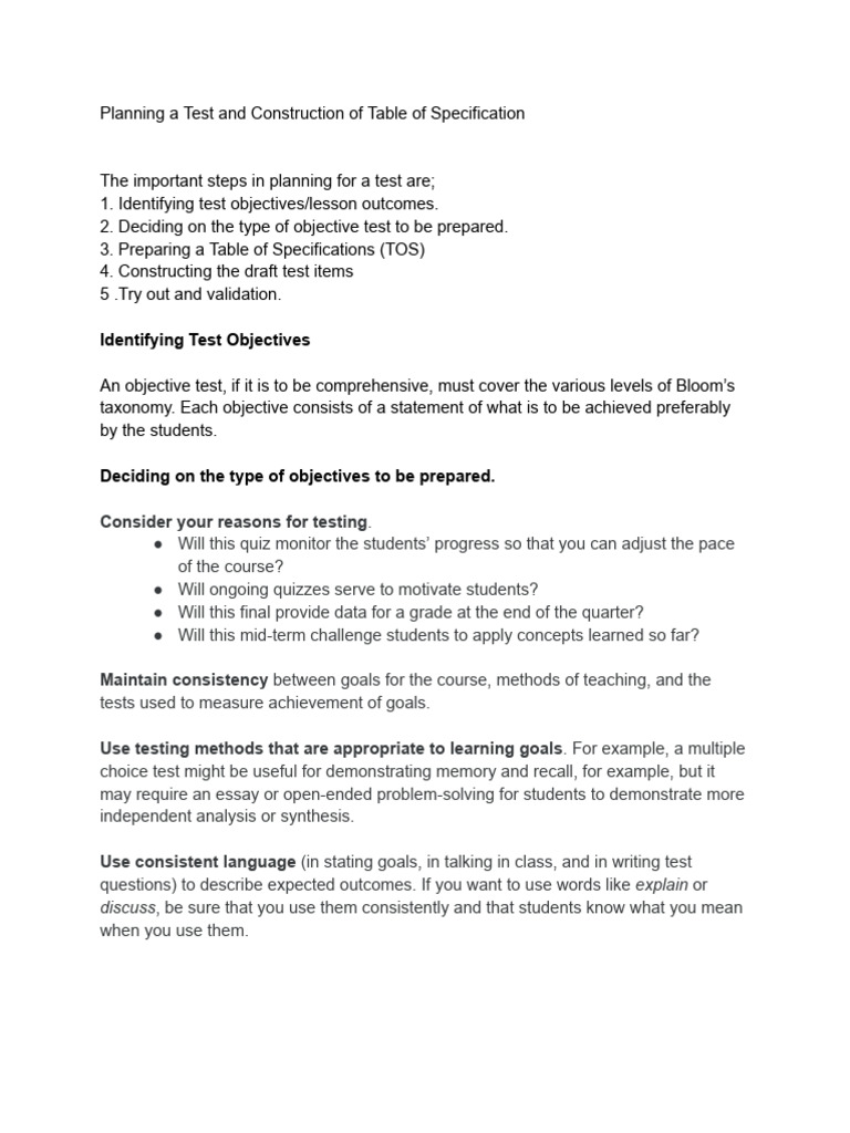 Planning A Test and Construction of TOS | PDF