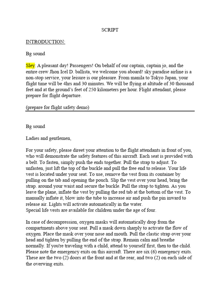 Flight Attendant Script | PDF