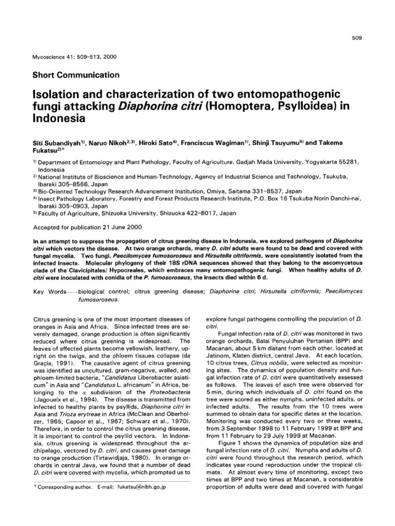 2000, Isolation and Characterization of Two Entomopathogenic Fungi Attacking Oiaphorina Citri ...