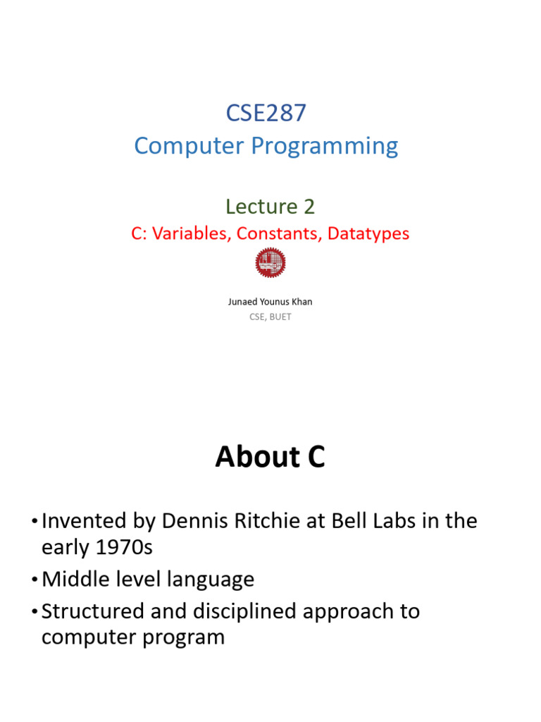 Lecture 02_Variables, Constants and Datatypes in C | PDF Lecture 02_Variables, Constants and Datatypes in C | PDF