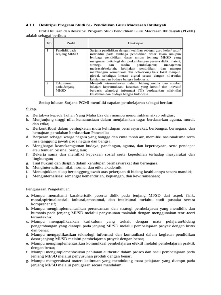 Deskripsi Program Studi S1 PGMI Untuk RPL | PDF