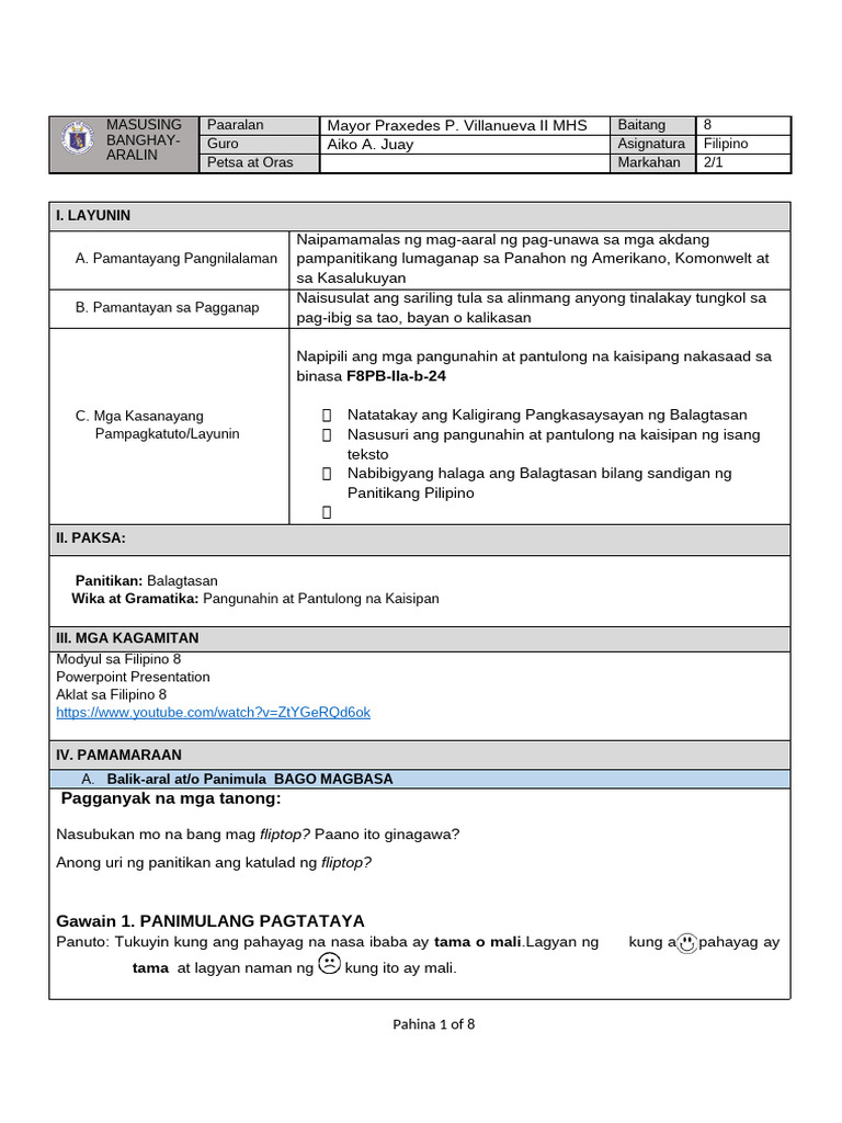 DLP Filipino8 Q2 Week 1 | PDF