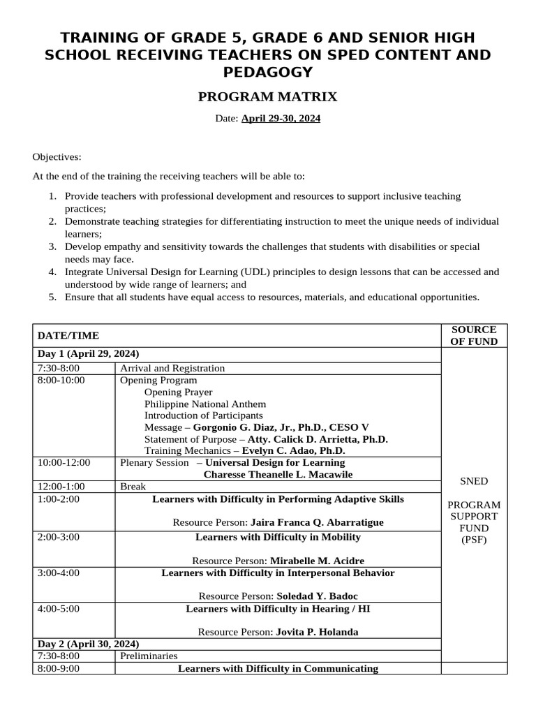 Program Matrix SNED Content Pedagogy | PDF