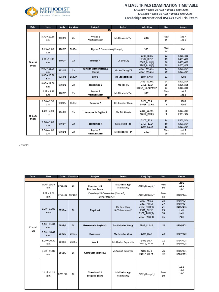 2307 - 2401 A2 - AS Trial Exam Timetable - Student Copy - 070824 | PDF