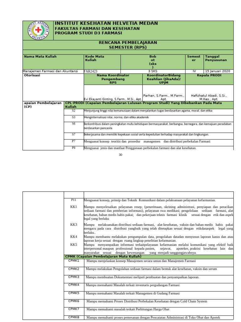 RPS Manajemen Farmasi | PDF
