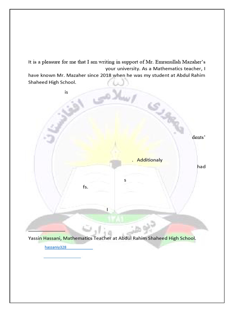 Yassin Hassani As Mathematics Teacher Recommendation Letter | PDF