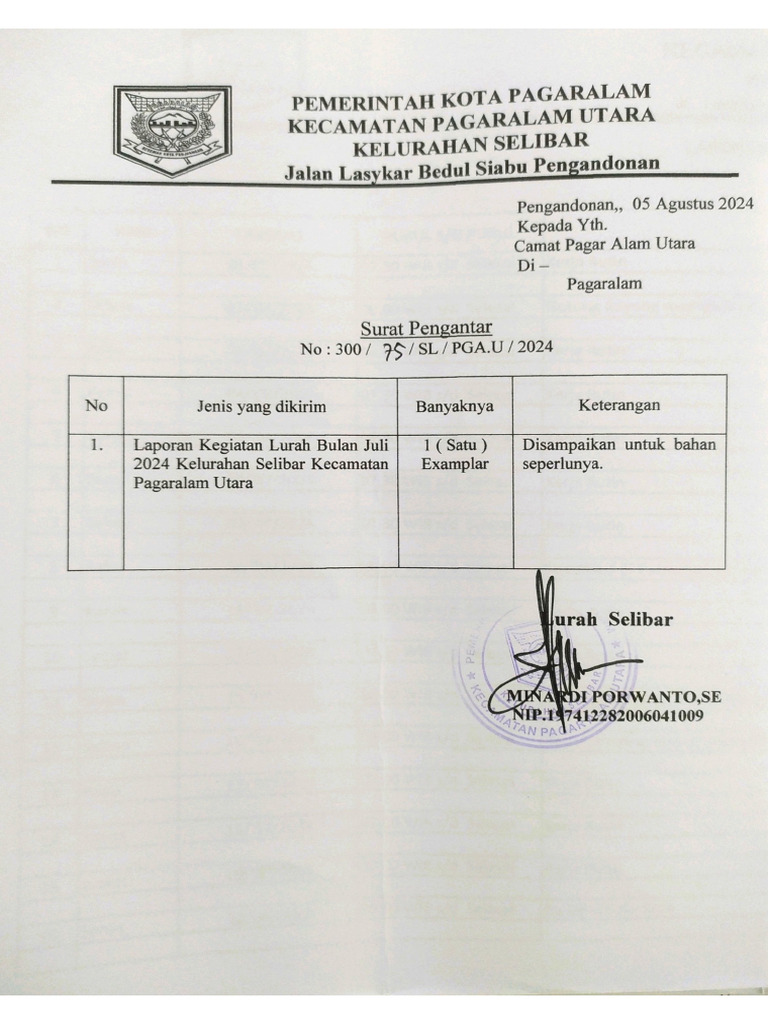 Selibar Lap Kegiatan Lurah BLN Juli 2024 | PDF