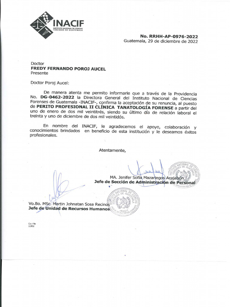 Fredy Poroj Aceptación de Renuncia | PDF