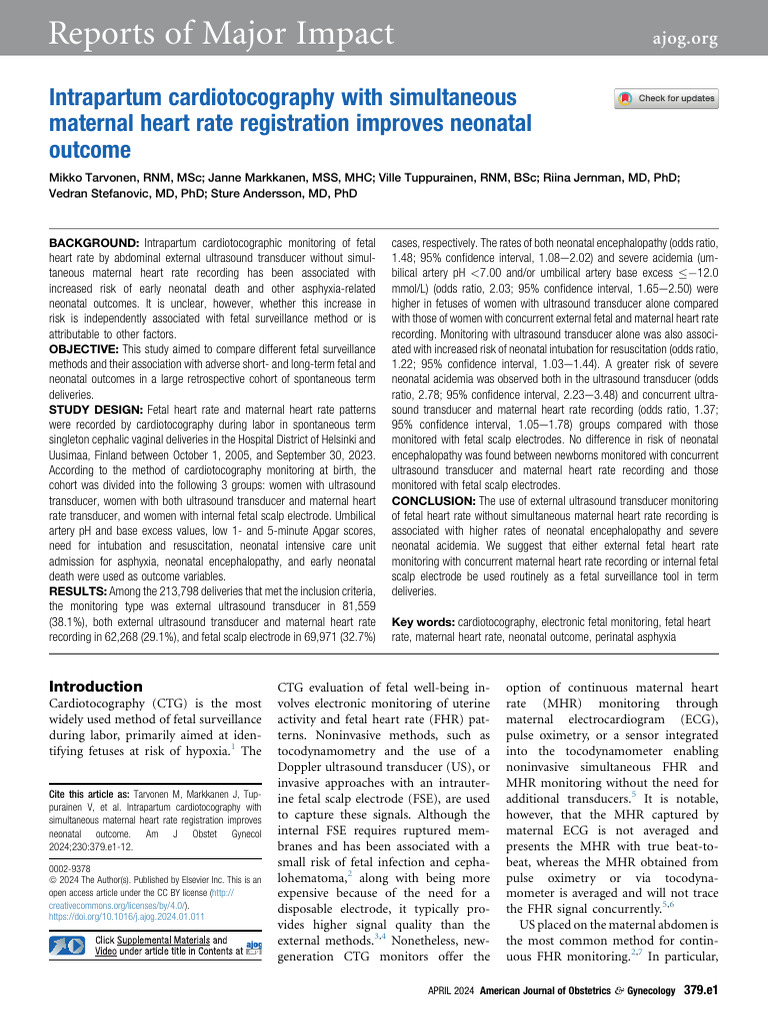 Intrapartum Cardiotocography With Simultaneous Mat | PDF