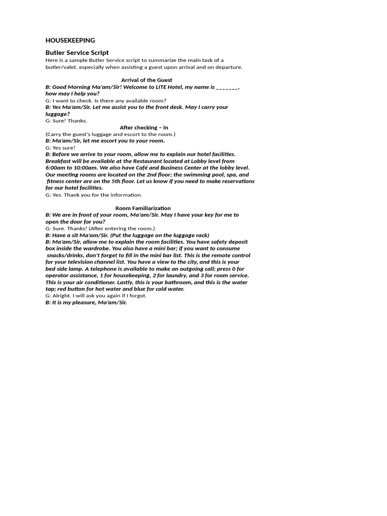 HOUSEKEEPING Batler Script | PDF
