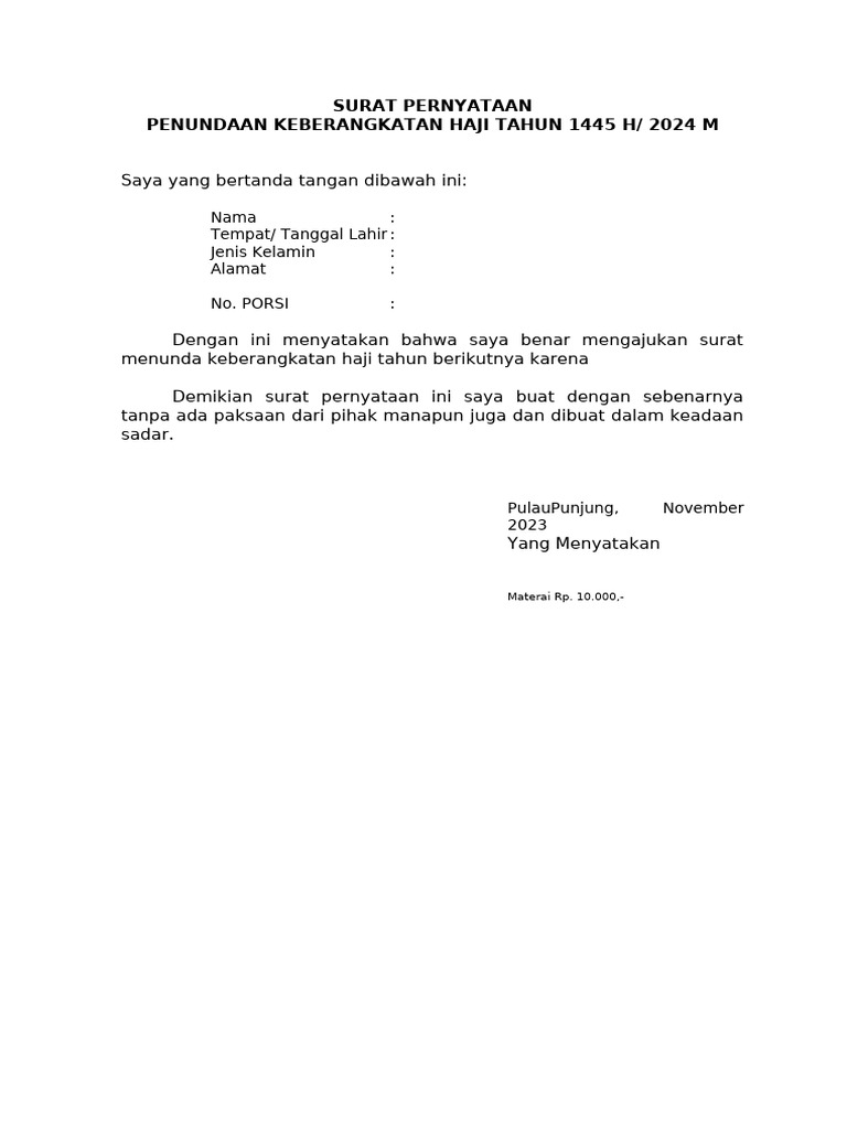 Surat Pernyataan Tunda Berangkat | PDF