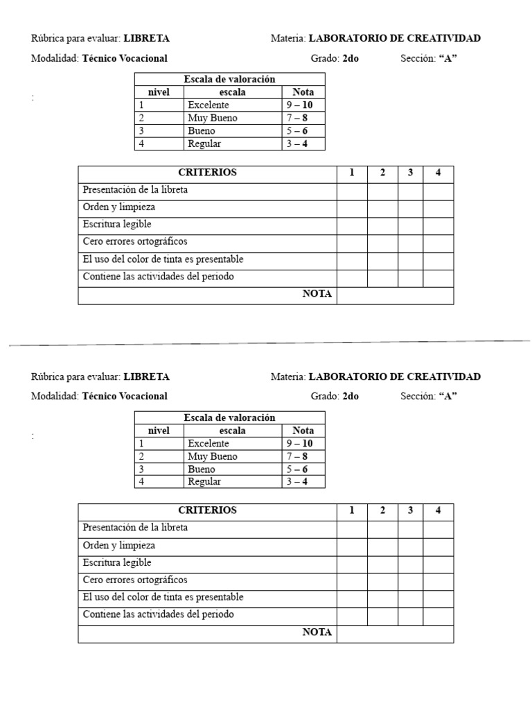 Rúbrica para evaluar LIBRETA | PDF