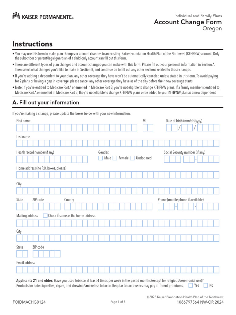 Individual and Family Plans Account Change Form NW Oregon en | PDF