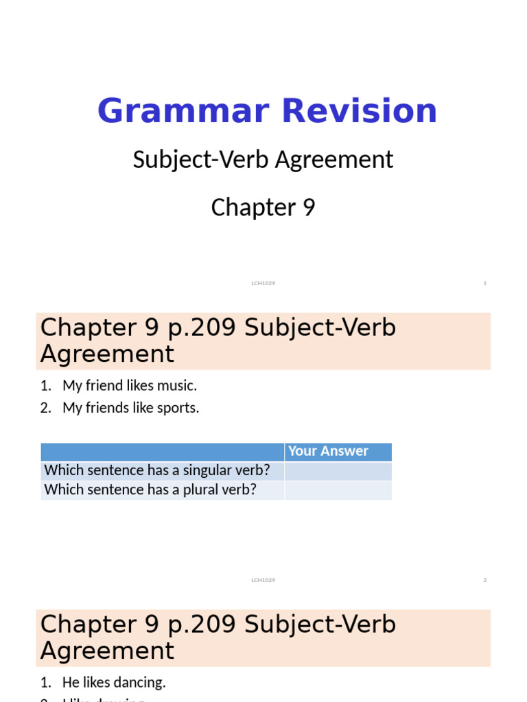 Grammar Revision Part 1 Chapter 9 Subject-Verb Agreement For LCH1029 ...
