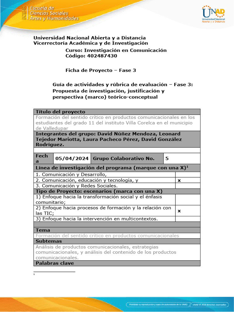 Anexo 3 - Ficha de Proyecto Fase 3 | PDF