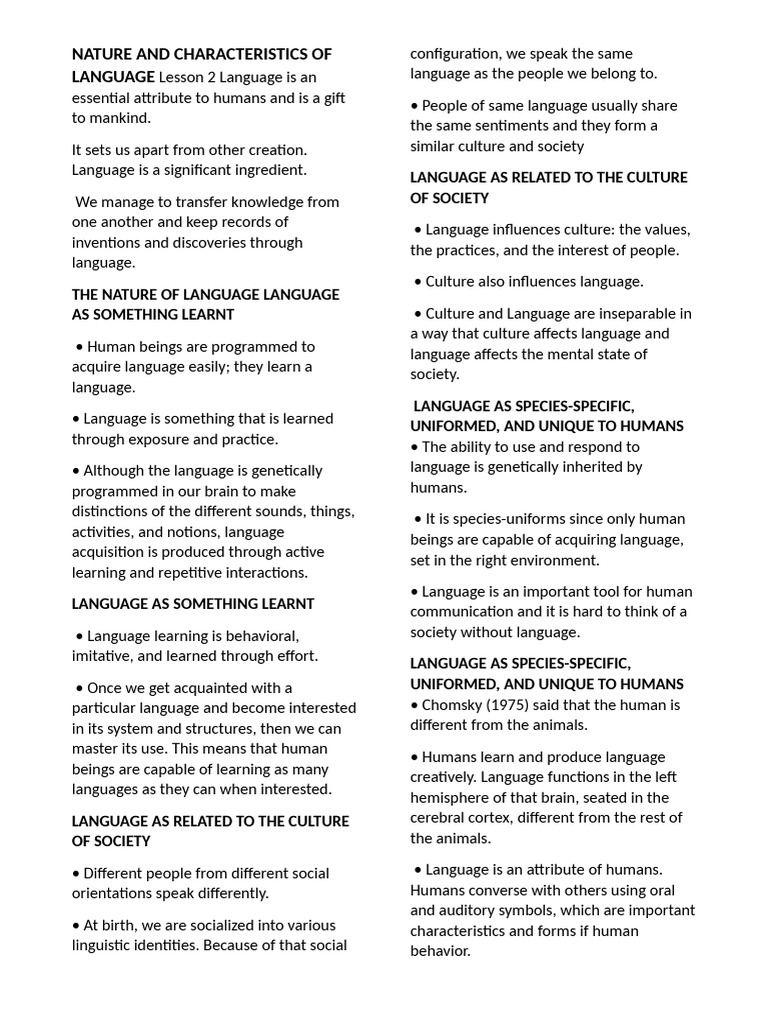 NATURE AND CHARACTERISTICS OF LANGUAGE Lesson 2 Language Is An ...