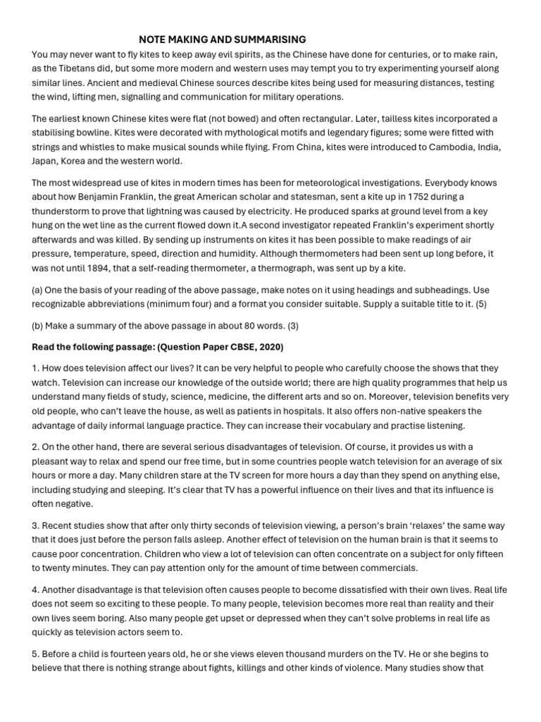 Note Making and Summarising: Read The Following Passage: (Question Paper CBSE, 2020) | PDF