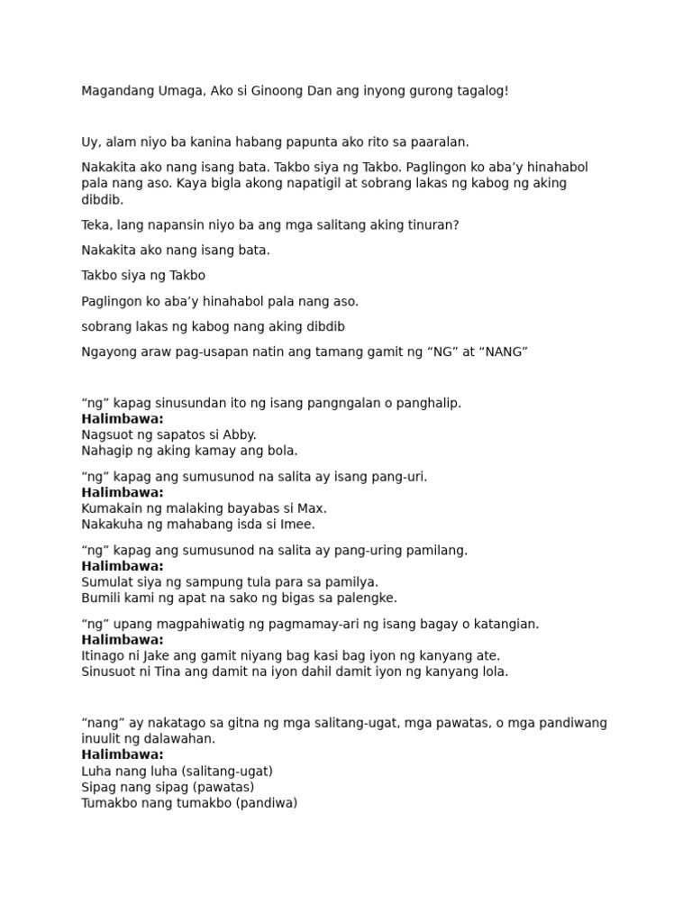 Wastong Gamit NG NG at NANG - Script | PDF