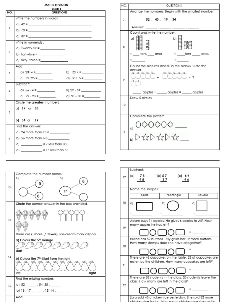 Maths Revision Year 1 My | PDF