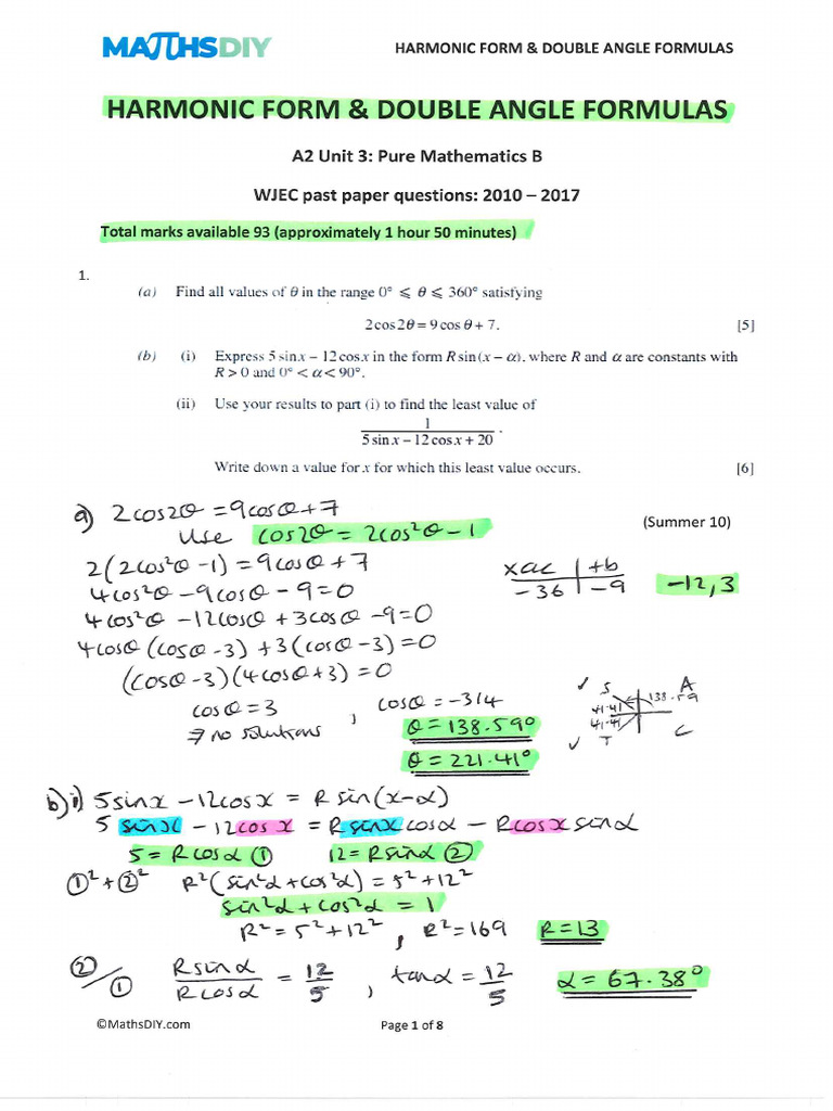 Harmonic Form and Double Angle Formulas SOLUTIONS v1 (1) | PDF