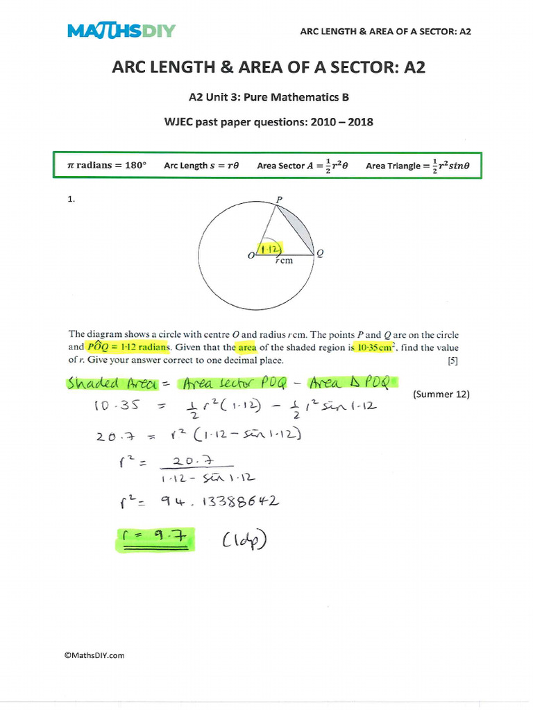 Arc Length and Area of A Sector SOLUTIONS | PDF