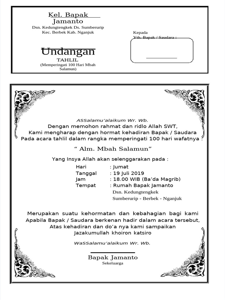 Undangan Tahlil 100,1000, Pendak Pisan, Pendak Pindo | PDF