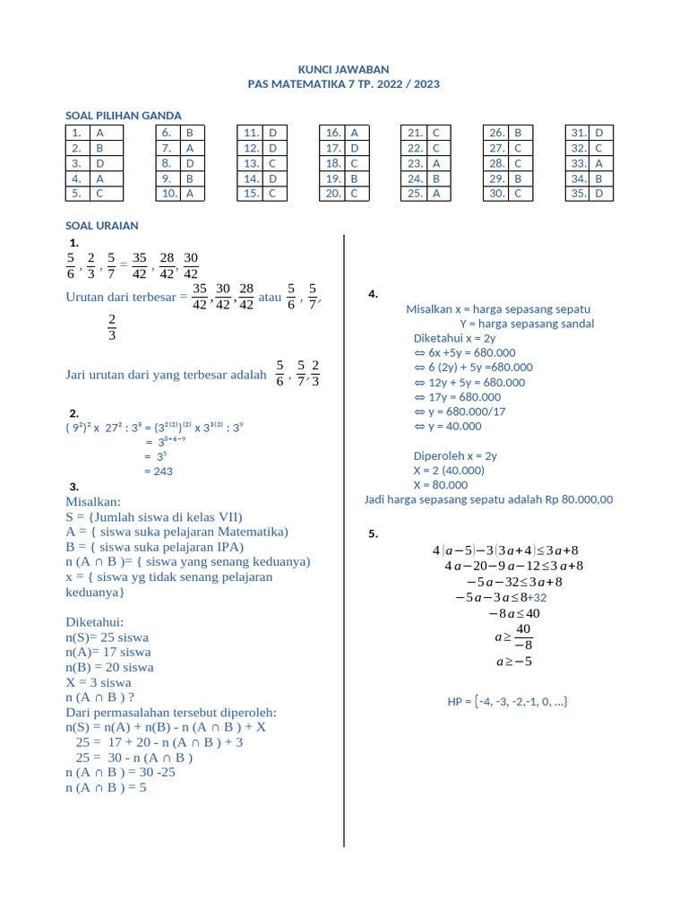KUNCI JAWABAN MTK 7 FIX | PDF