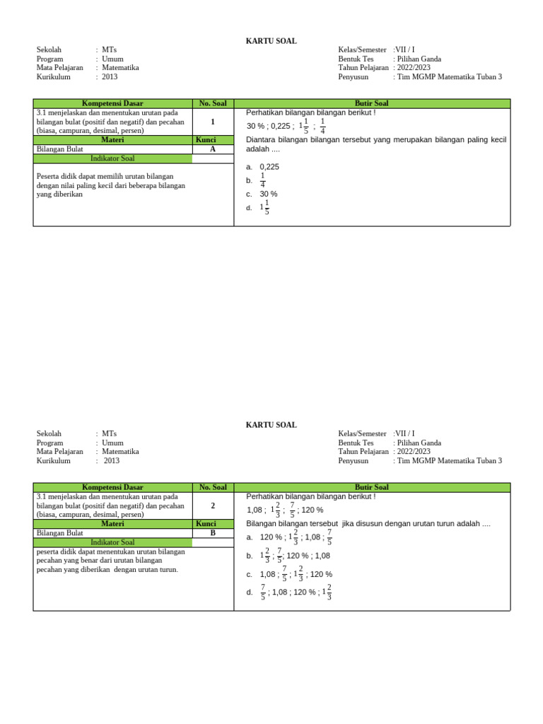 Kartu Soal Pas MTK 7 Tp. 2022-2023 | PDF