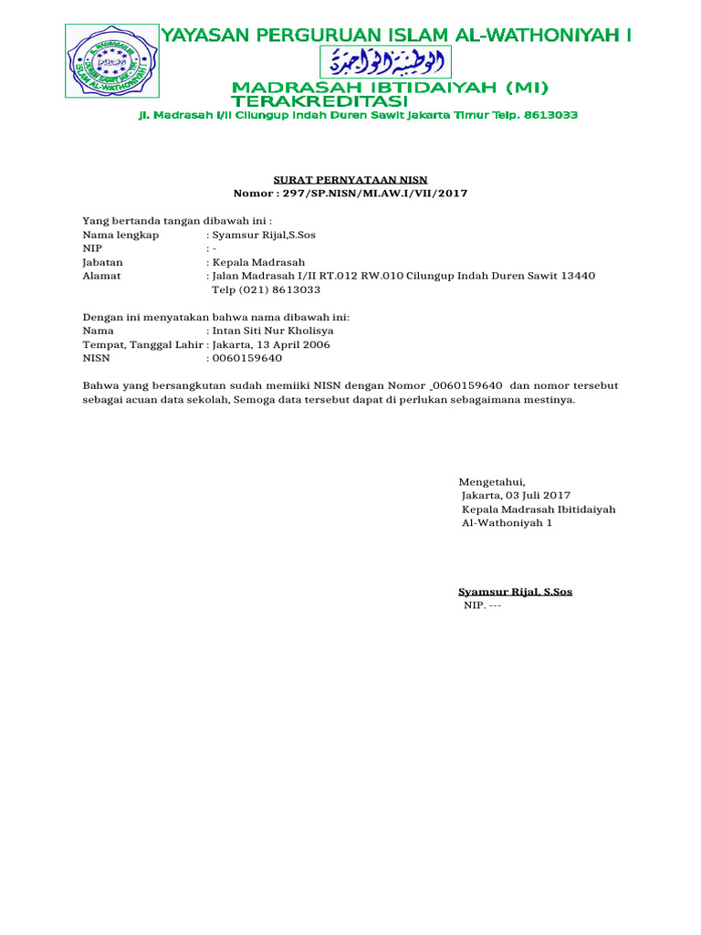 Surat Pernyataan Nisn | PDF