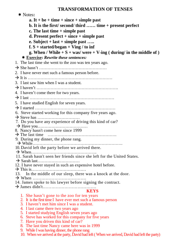 transformation of tenses | PDF