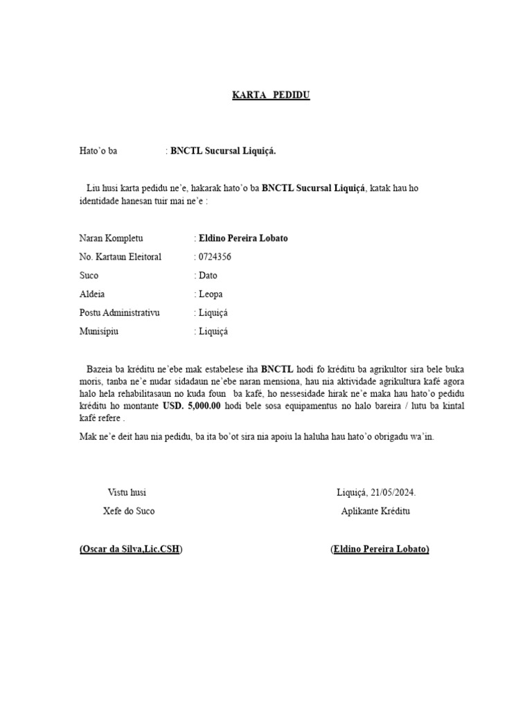 Karta Pedidu Ba BNCTL | PDF